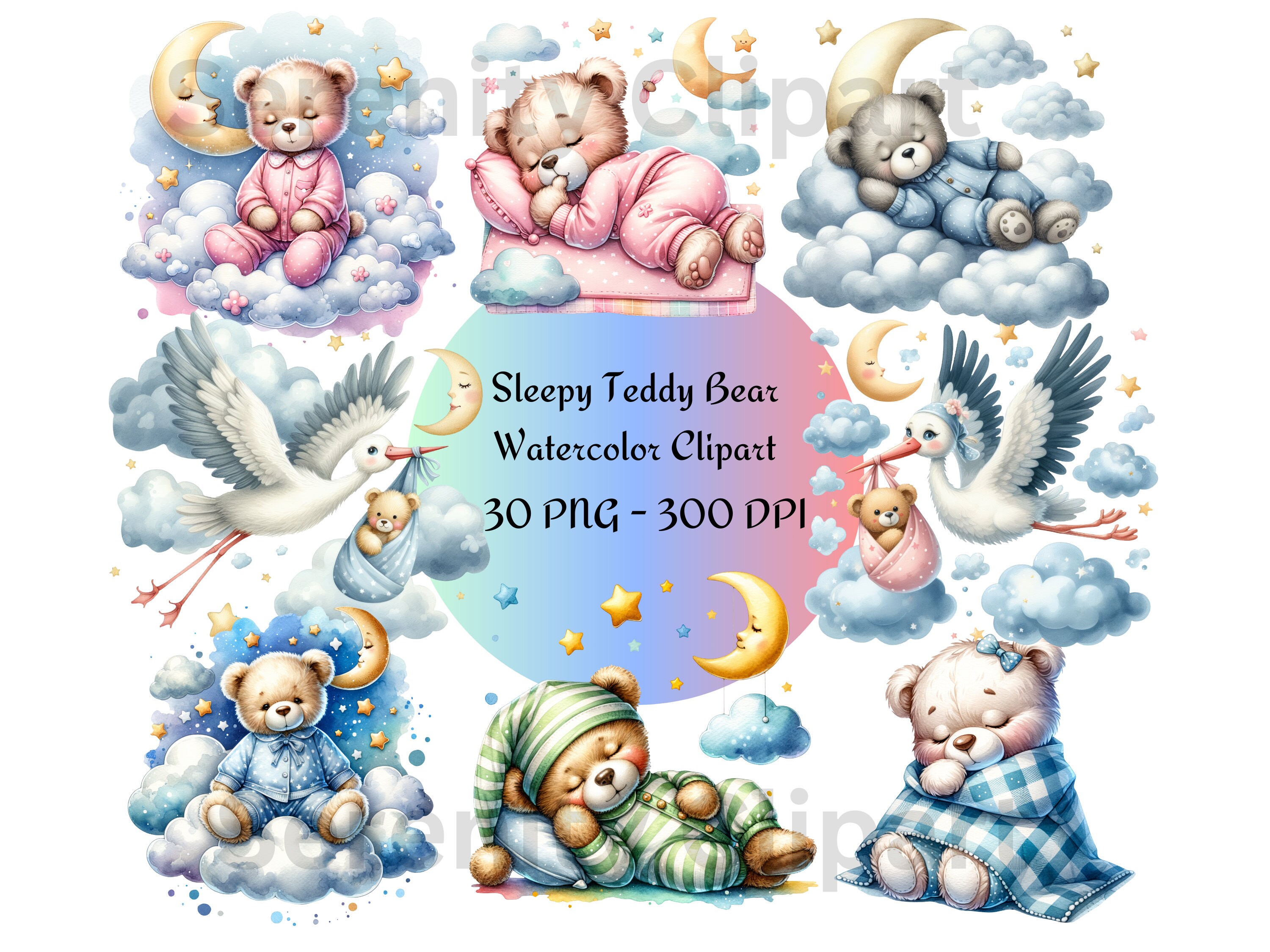 Watercolor Sleepy Teddy Bear Clipart, 30 PNG Teddy Bear, Cute Sleeping ...