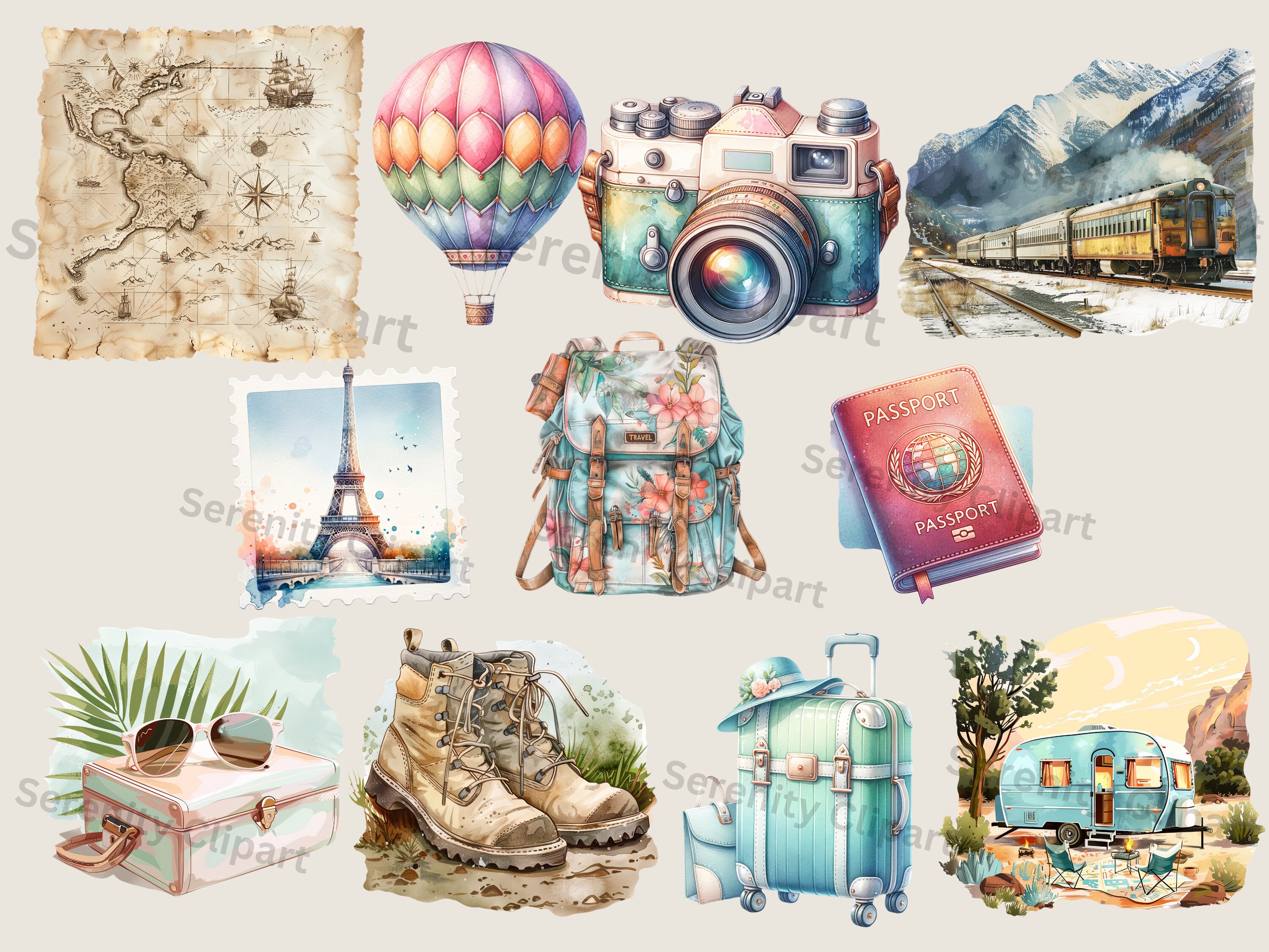 Watercolor Travel Clipart, Vacation Holiday 45 PNG, Suitcase, Plane ...