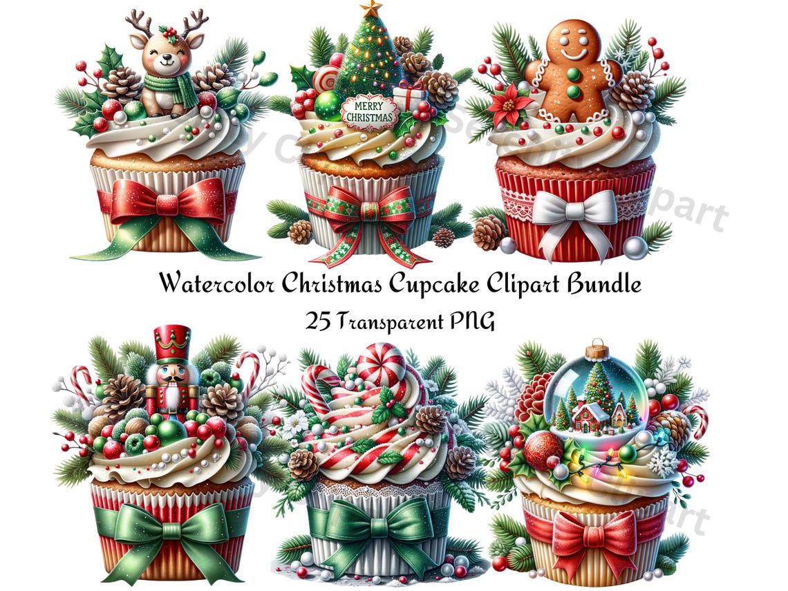Watercolor Christmas Cupcake Clipart: Festive Holiday Desserts (25 PNG ...