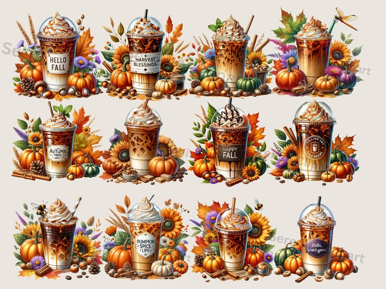 Autumn Coffee Clipart Bundle, Hello Fall Ice Coffee Graphics, Cute ...