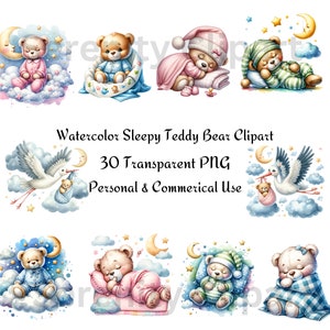 Watercolor Sleepy Teddy Bear Clipart, 30 PNG Teddy Bear, Cute Sleeping ...