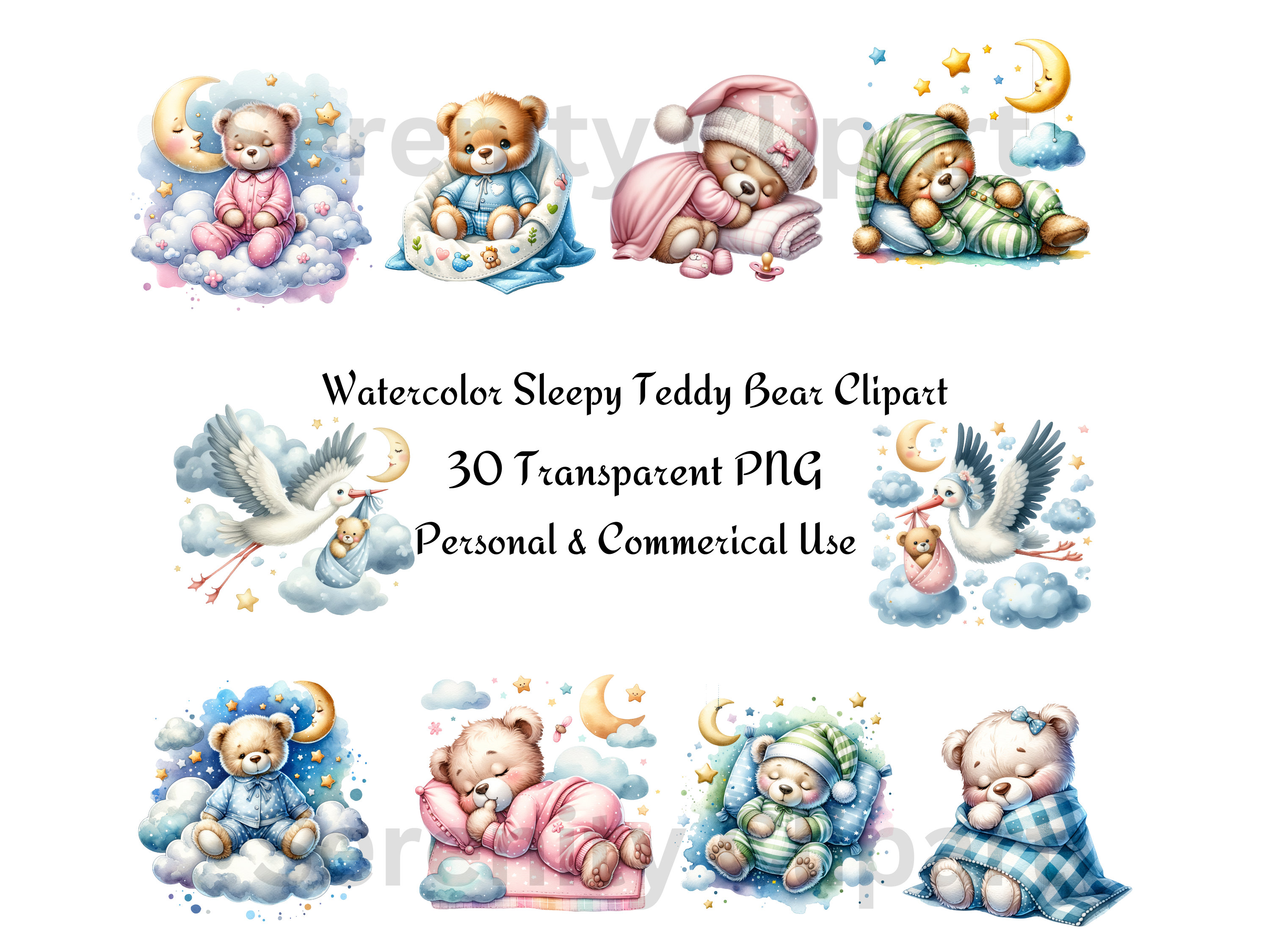 Watercolor Sleepy Teddy Bear Clipart, 30 PNG Teddy Bear, Cute Sleeping ...
