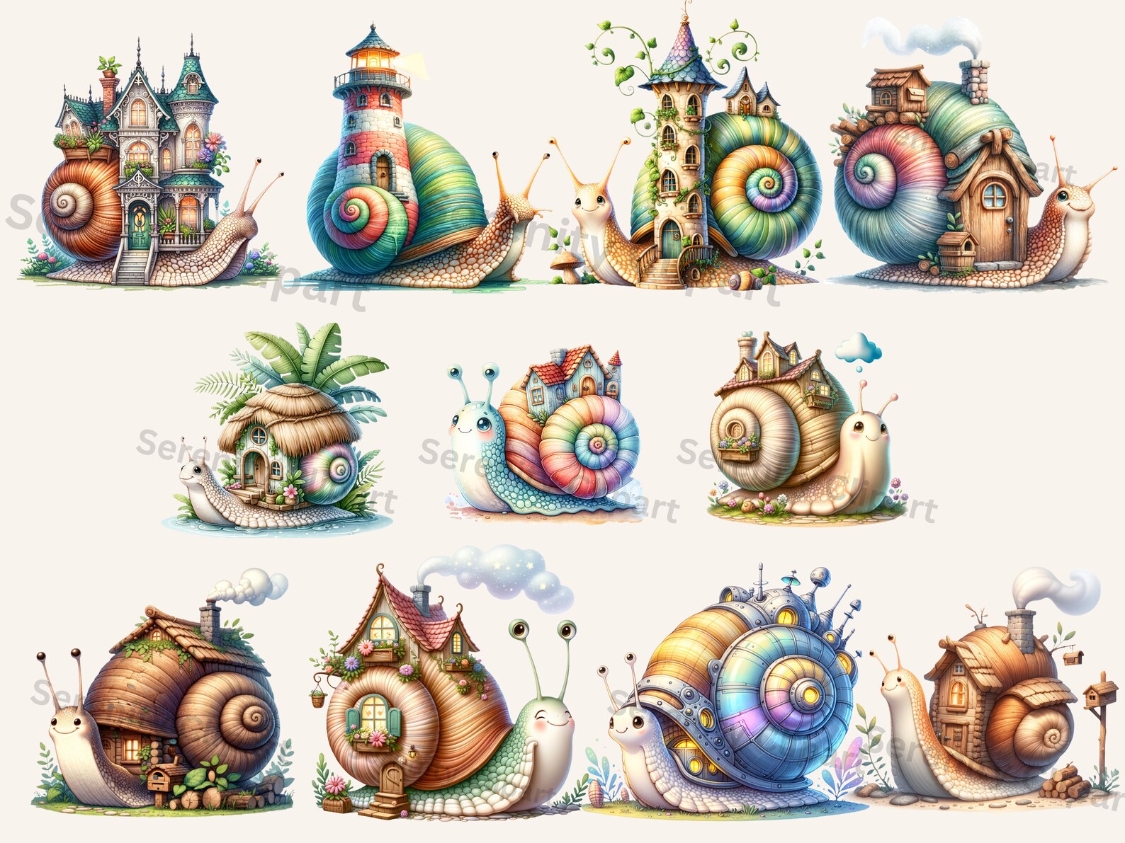 Snail Shell House Clipart, 18 PNG Watercolor Snail Clipart, Cute ...