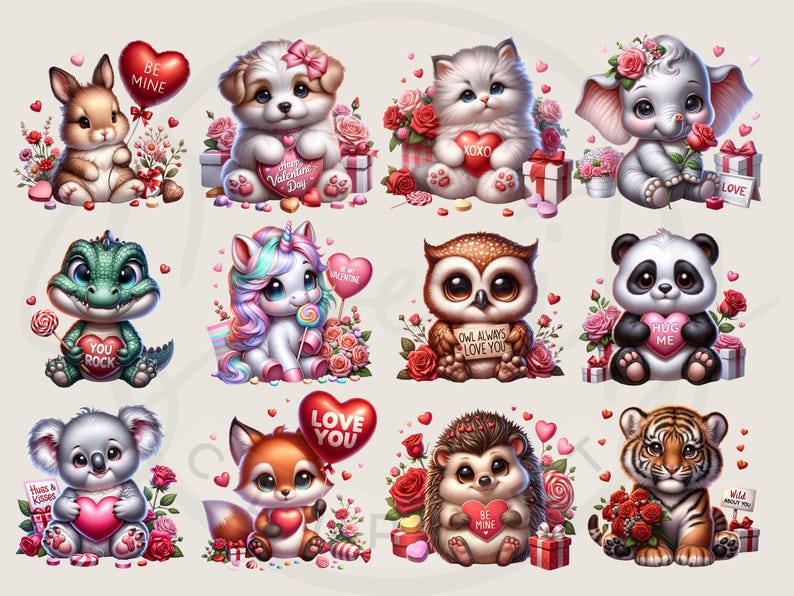 Valentine Animal Clipart Bundle, Cute Watercolor PNG (digital Download ...