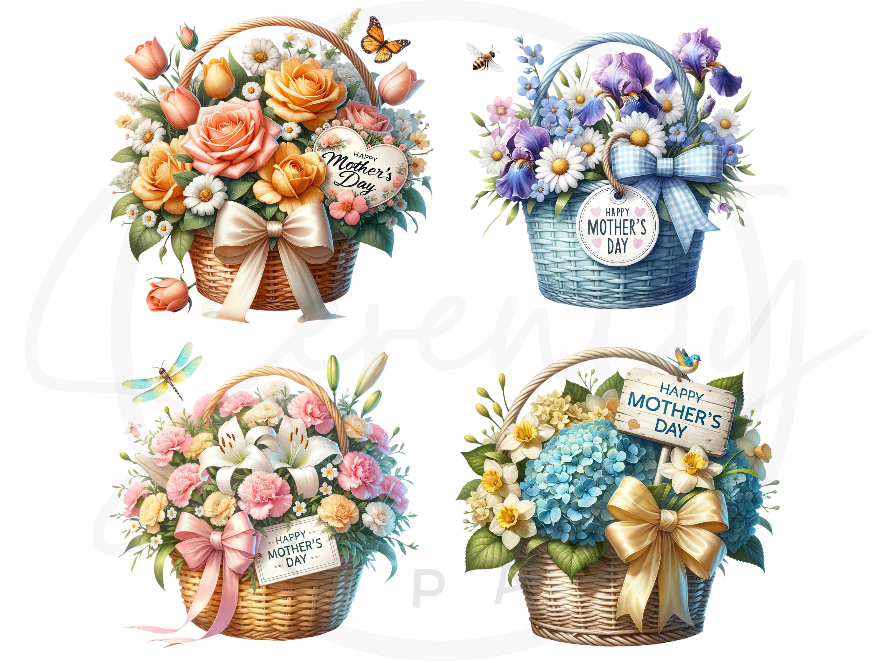 Happy Mother's Day Basket Clipart, Watercolor Floral PNG, Spring ...