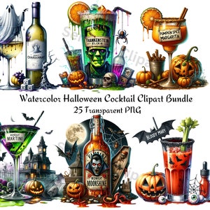 Watercolor Halloween Cocktail Clipart, 25 PNG, Drink Clipart, Halloween ...