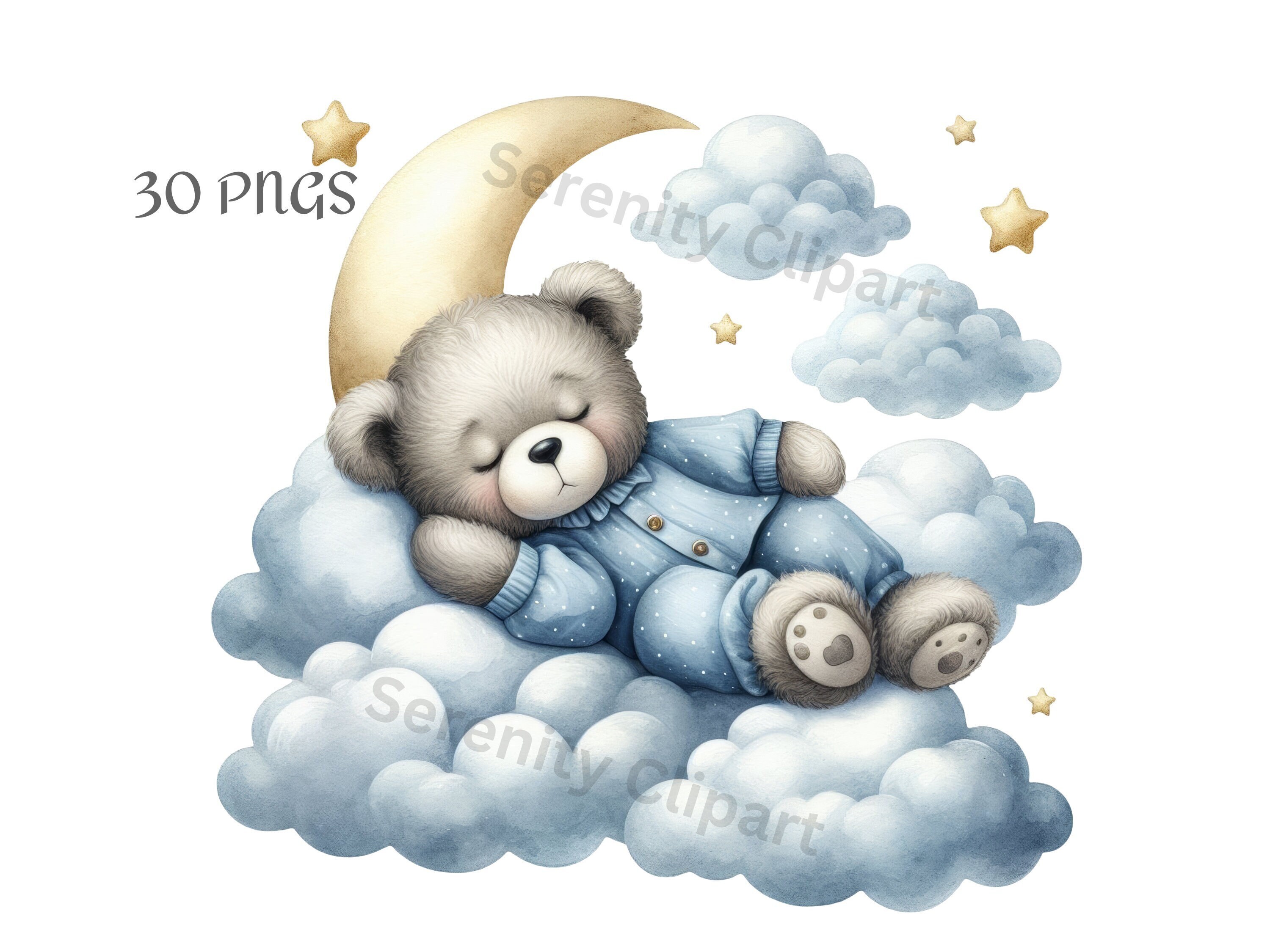 Watercolor Sleepy Teddy Bear Clipart, 30 PNG Teddy Bear, Cute Sleeping ...