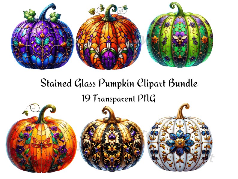 Stained Glass Pumpkin Clipart, Halloween Autumn Fall PNG, 19 Watercolor ...
