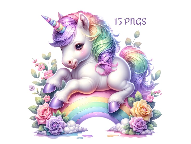 Watercolor Baby Unicorn Bundle Clipart, 15 PNG Pastel Unicorn, Cute ...