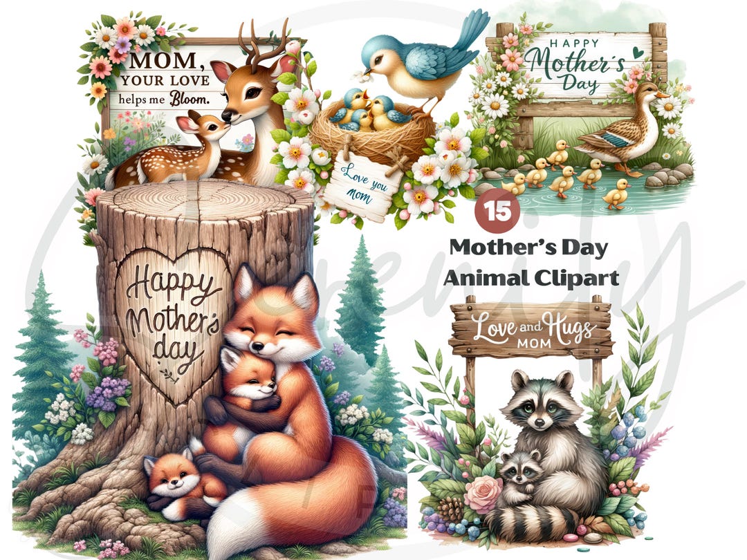 Watercolor Mothers Day Animal Clipart Bundle, Cute Mom Baby Family Clip ...