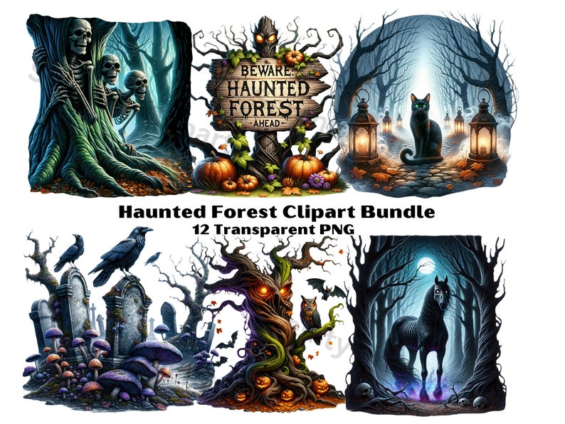 Haunted Forest Clipart, Halloween Spooky Watercolor 12 PNG Bundle ...