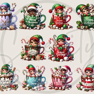 Watercolor Hot Cocoa Elf Clipart, Christmas Elf PNG Bundle, Festive ...