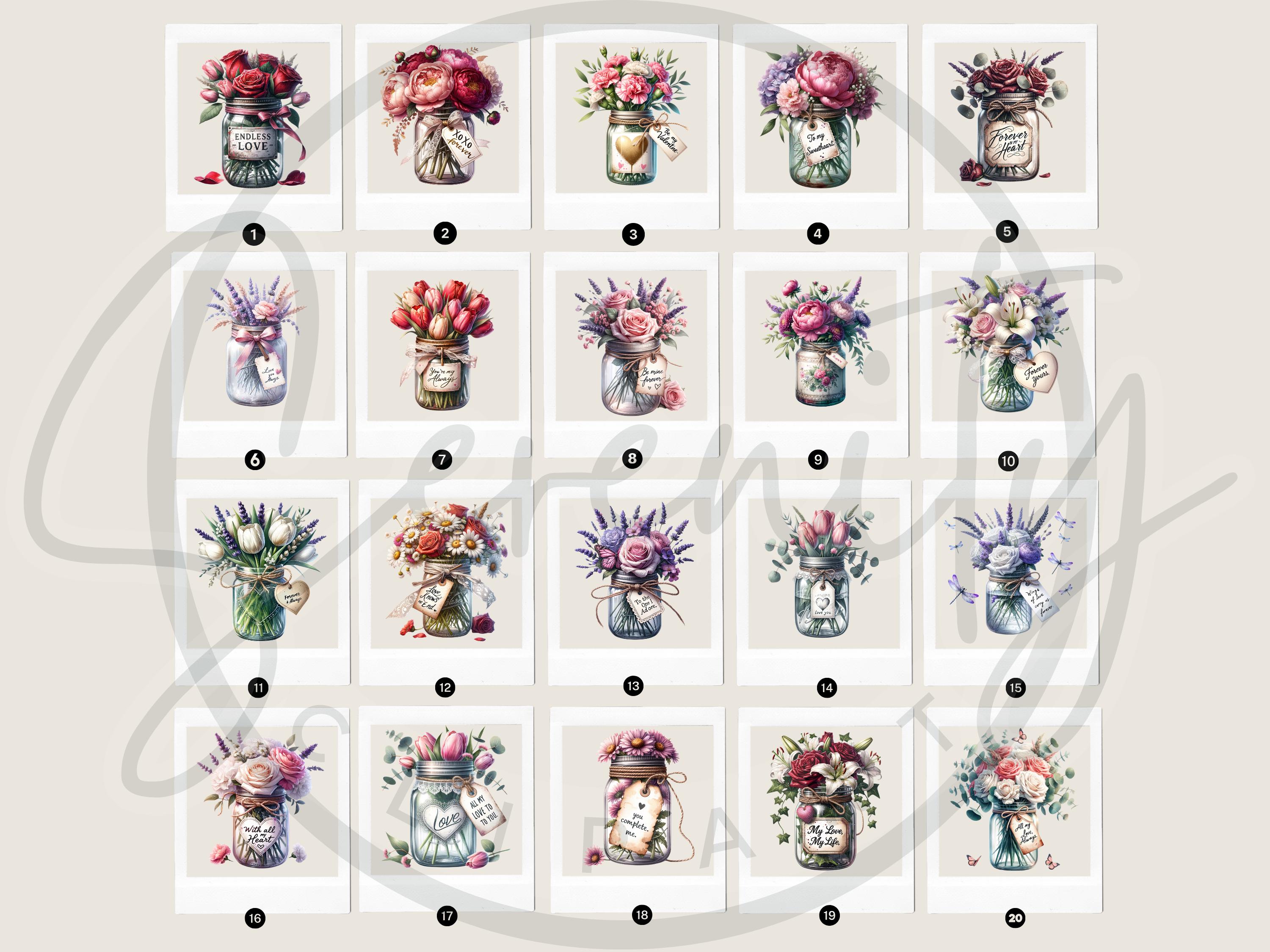 Valentine's Day Floral Mason Jar Clipart: Watercolor Flower PNG Bundle ...