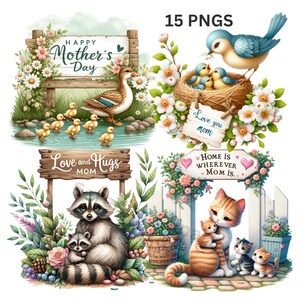 Watercolor Mothers Day Animal Clipart Bundle, Cute Mom Baby Family Clip ...