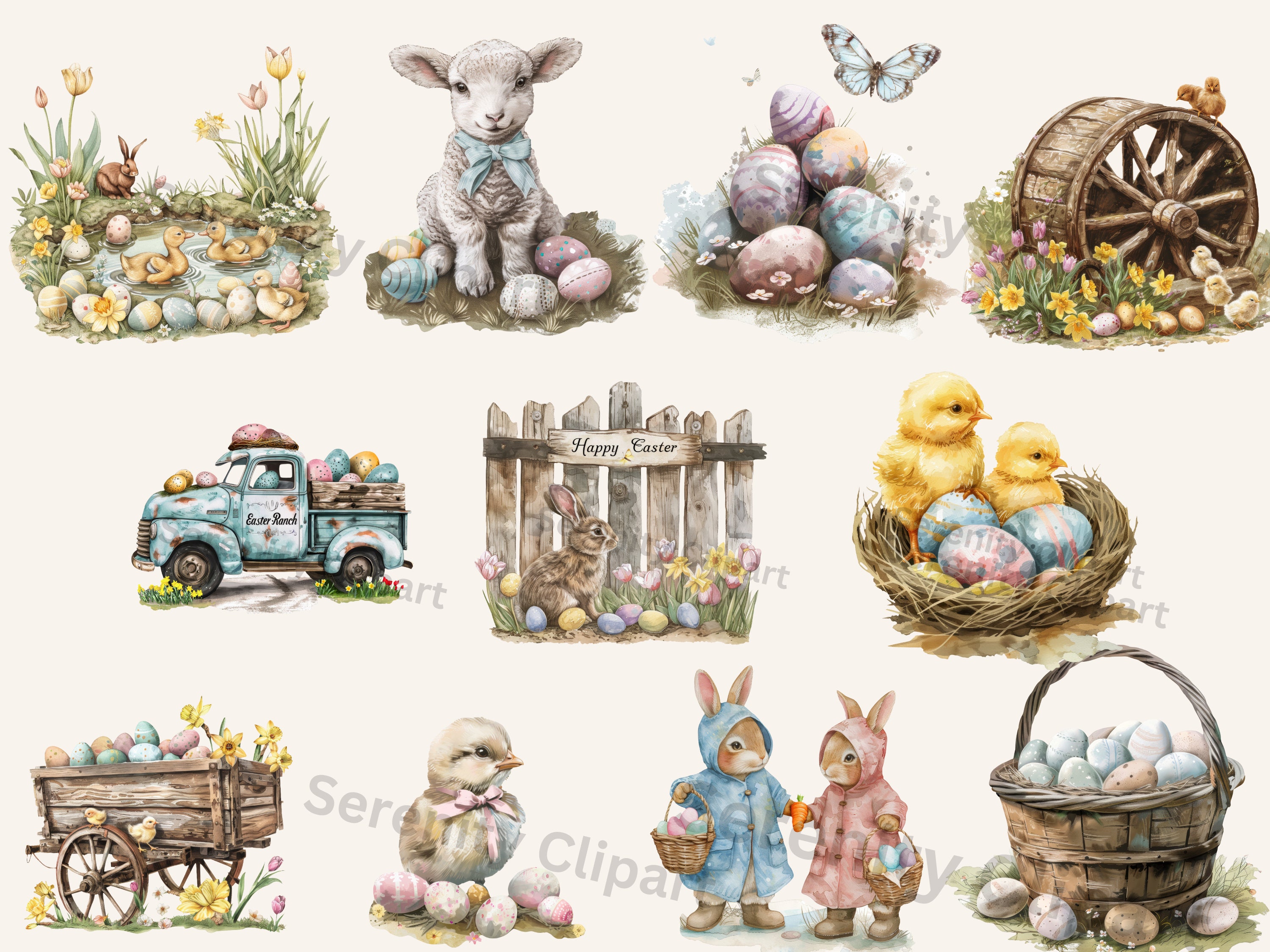 Watercolor Easter Clipart Bundle, Festive PNG, Easter Bunny Graphics ...