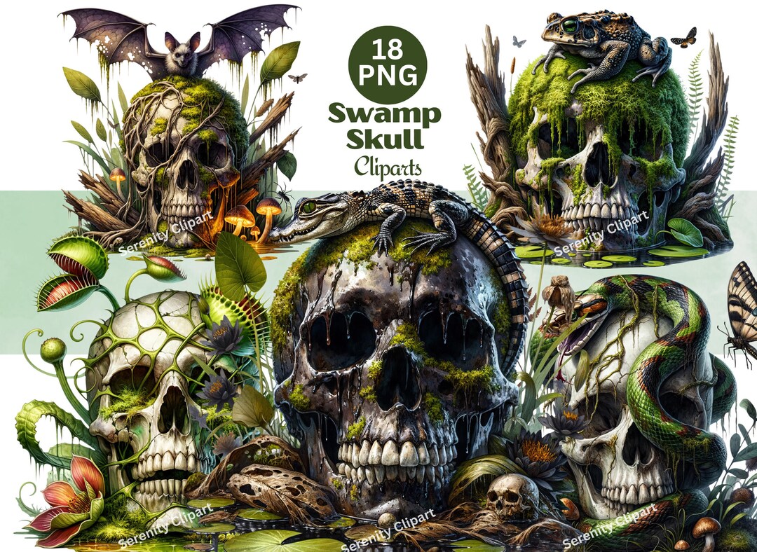 Swamp Skull Clipart Bundle, Creepy Gothic Bayou Skull PNG, Haunted ...