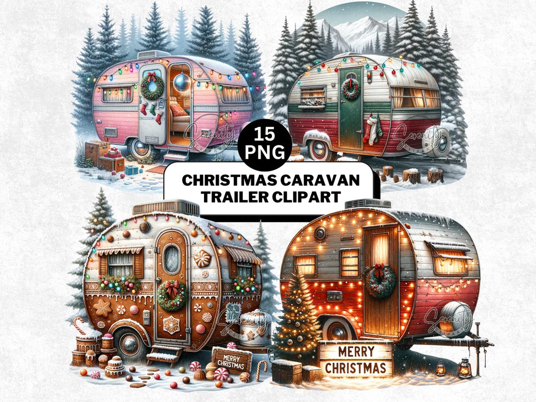 Christmas Caravan Mini Camper RV Clipart Bundle, Watercolor Christmas ...