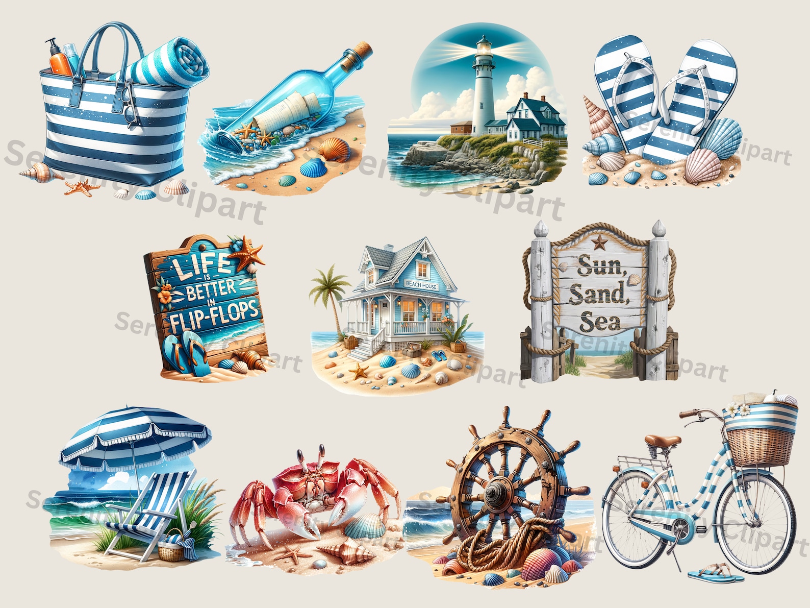 Watercolor Nautical Clipart Bundle, 20 PNG Beach Clipart, Ocean Clipart ...