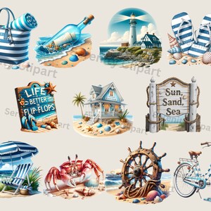 Watercolor Nautical Clipart Bundle, 20 PNG Beach Clipart, Ocean Clipart ...
