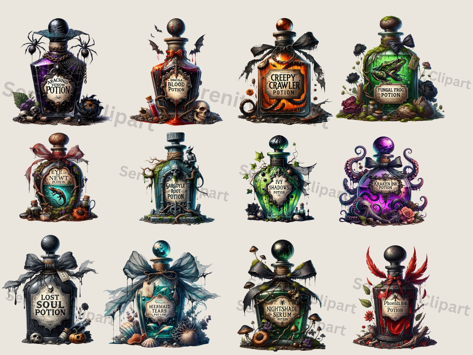 Spooky Halloween Potion Bottle Clipart: Gothic Witch Labels (digital ...