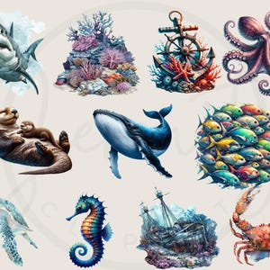 Ocean Sea Life Clipart Bundle, Watercolor Fish PNG, Under the Sea ...