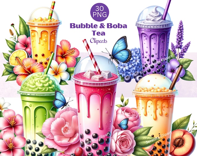 Bubble Tea Kawaii Clipart Set, Cute Bubble Tea Rainbow Clip Art ,boba ...