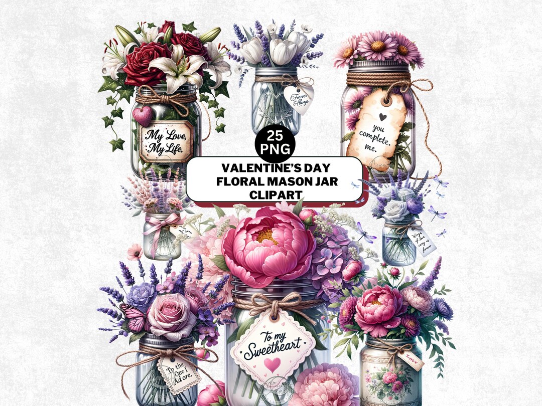 Valentine's Day Floral Mason Jar Clipart: Watercolor Flower PNG Bundle ...
