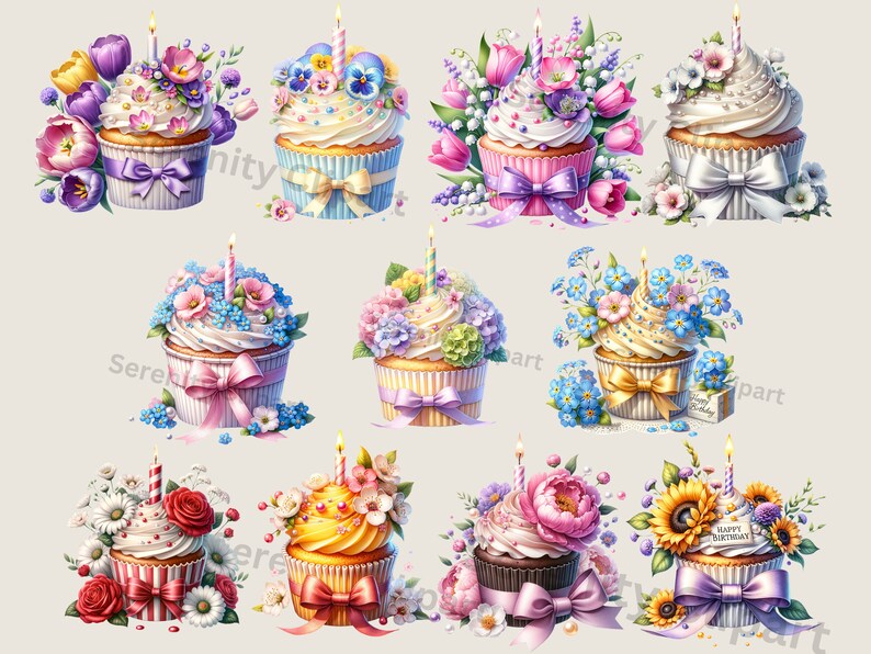 Watercolor Birthday Cupcake Clipart: Flower PNG Set (25 PNG) (digital ...