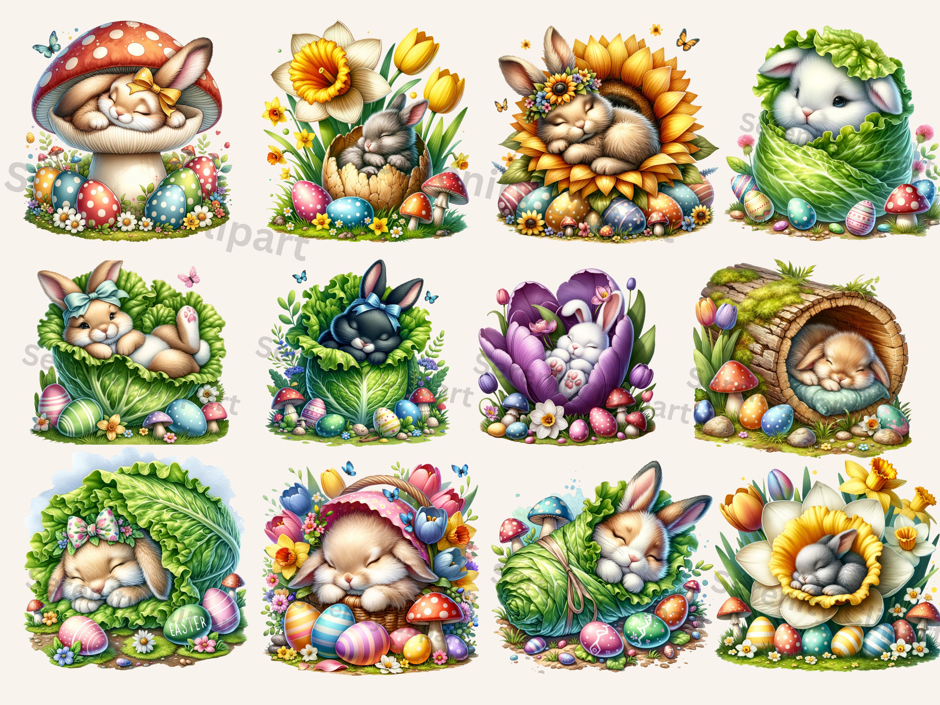 Sleepy Easter Bunny Clipart Bundle, Easter Bunny Prints, Watercolor ...