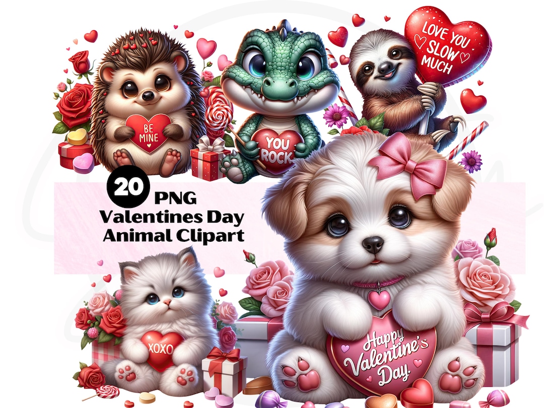 Valentines Day Animal Clipart Bundle, Cute Baby Valentine Animal PNG ...