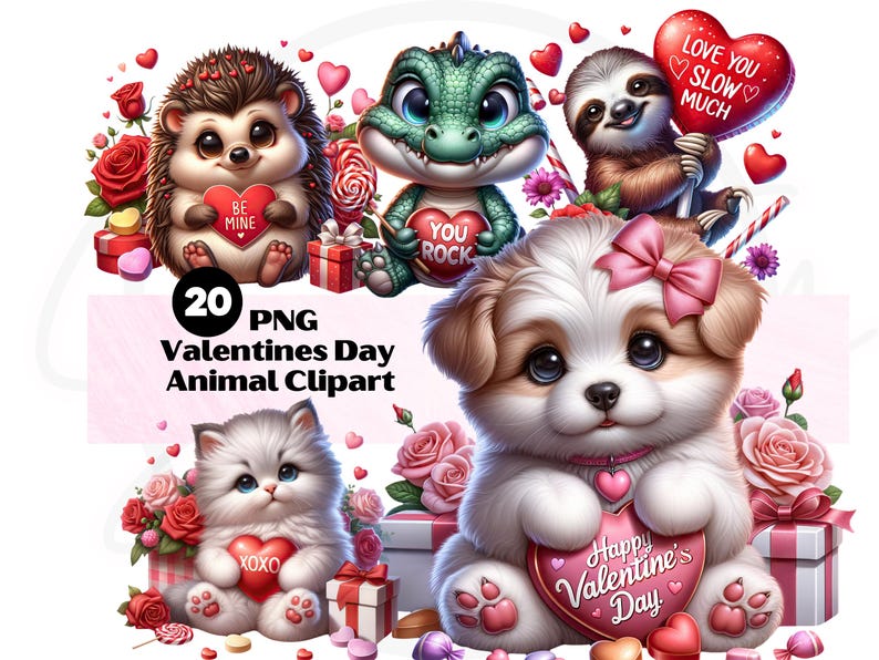 Valentine Animal Clipart Bundle, Cute Watercolor PNG (digital Download ...