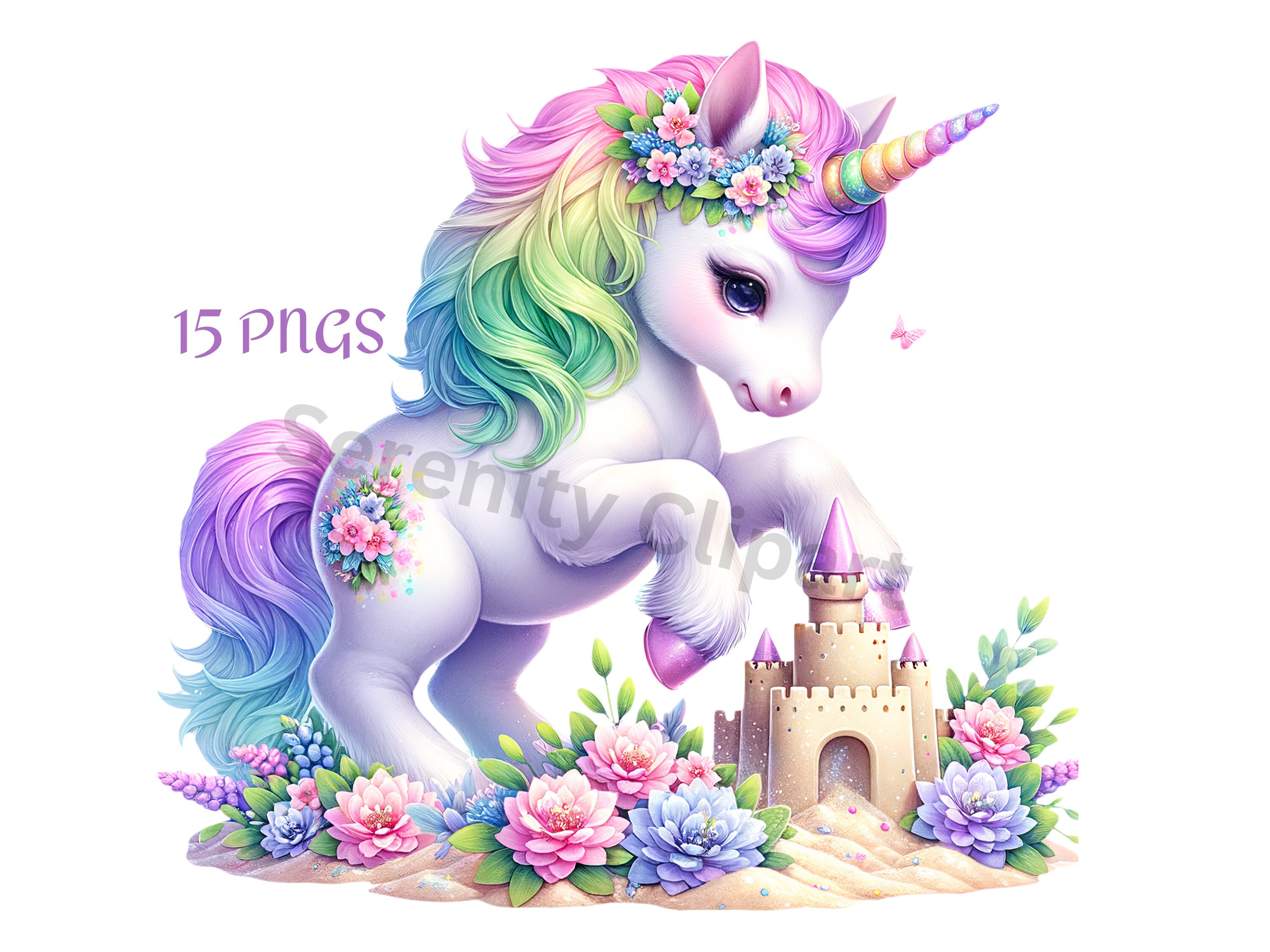 Watercolor Baby Unicorn Bundle Clipart, 15 PNG Pastel Unicorn, Cute ...