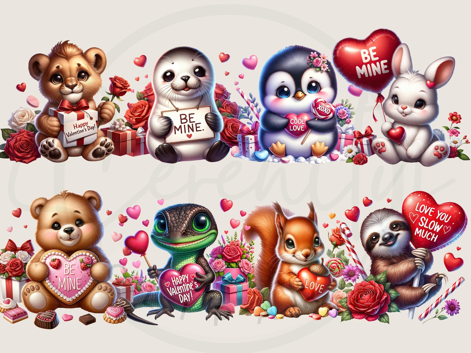 Valentine Animal Clipart Bundle, Cute Watercolor PNG (digital Download ...