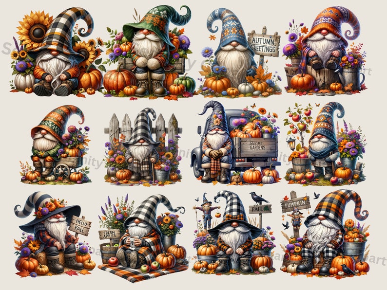 Autumn Gnomes Watercolor Clipart: Fall Pumpkin PNG (digital Download ...