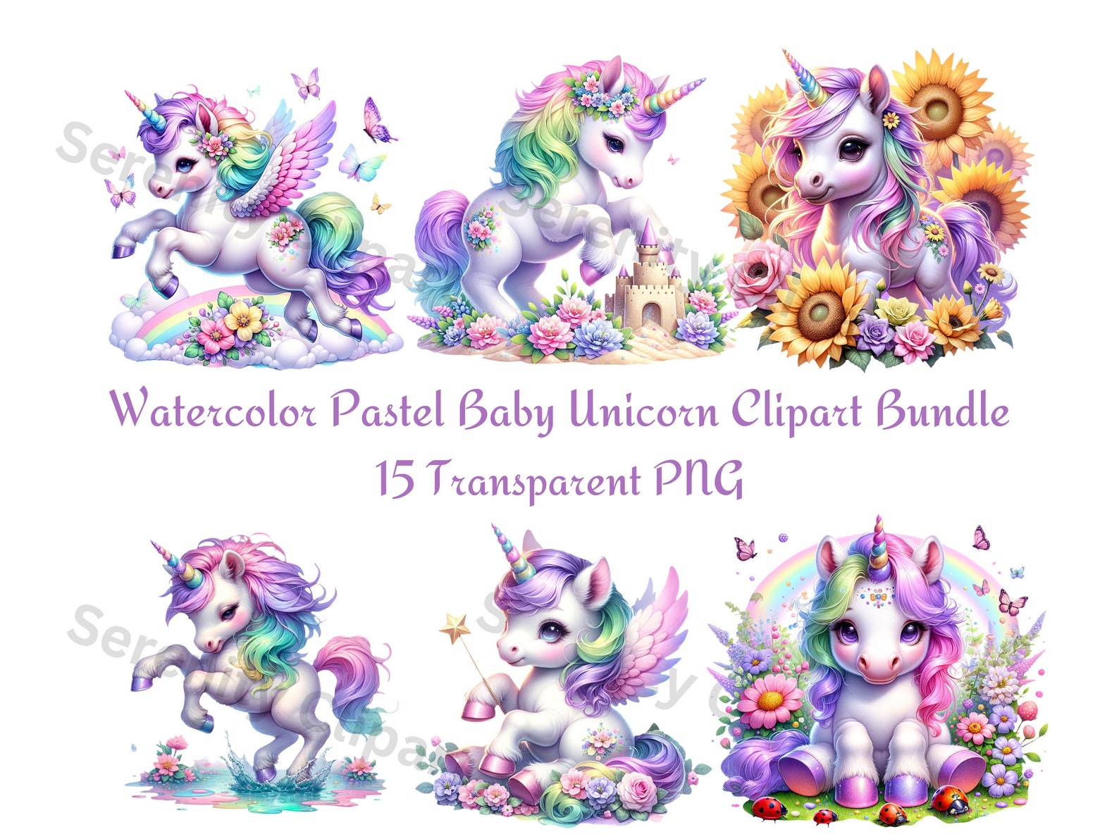 Watercolor Baby Unicorn Bundle Clipart, 15 PNG Pastel Unicorn, Cute ...