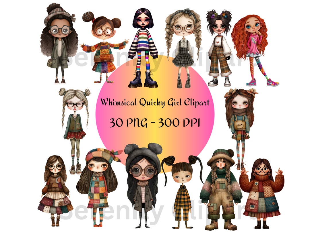 Whimsical Girls Clipart, Quirky Girl Clip Art, Mixed Media 30 PNG ...