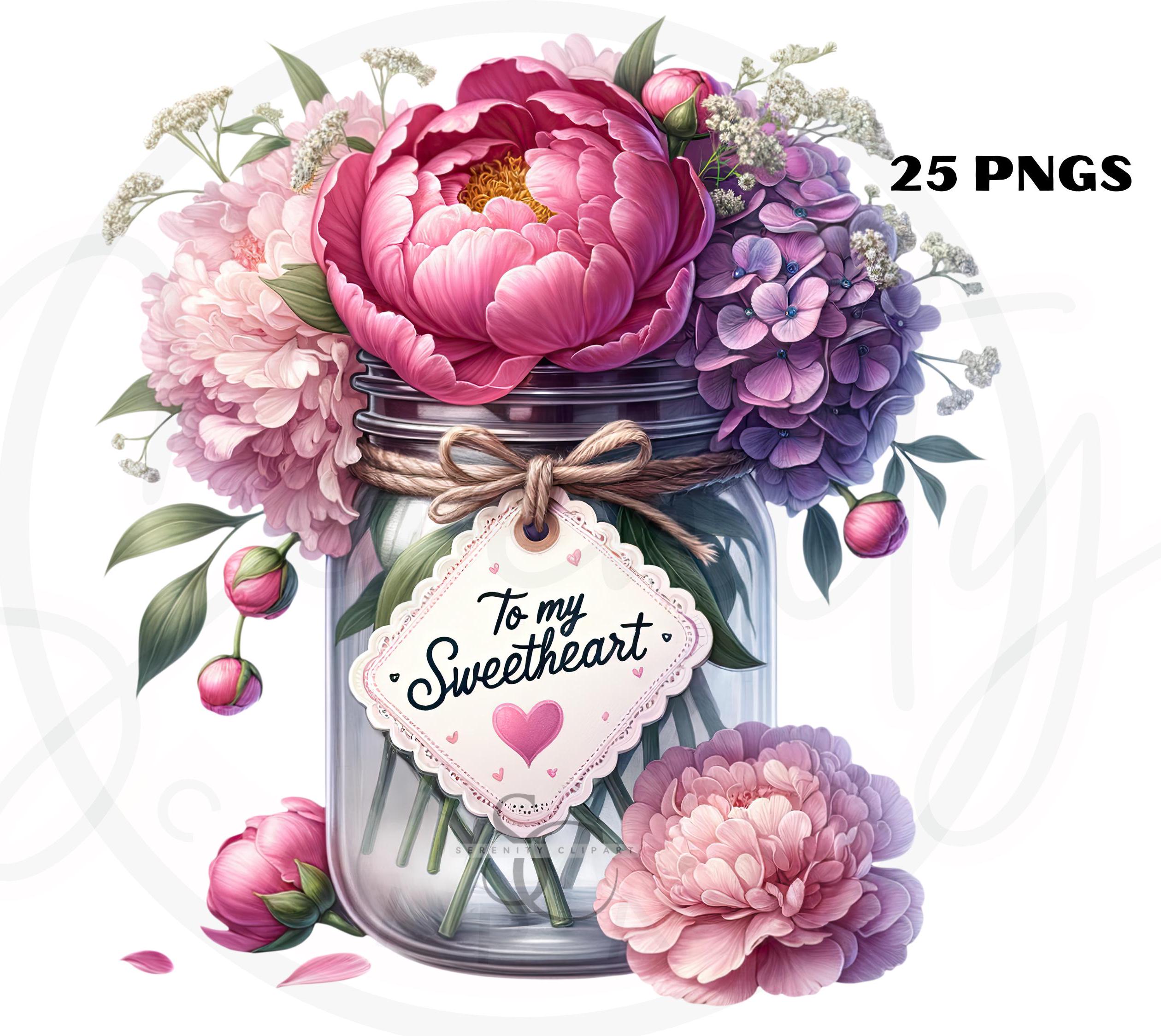 Valentine's Day Floral Mason Jar Clipart: Watercolor Flower PNG Bundle ...