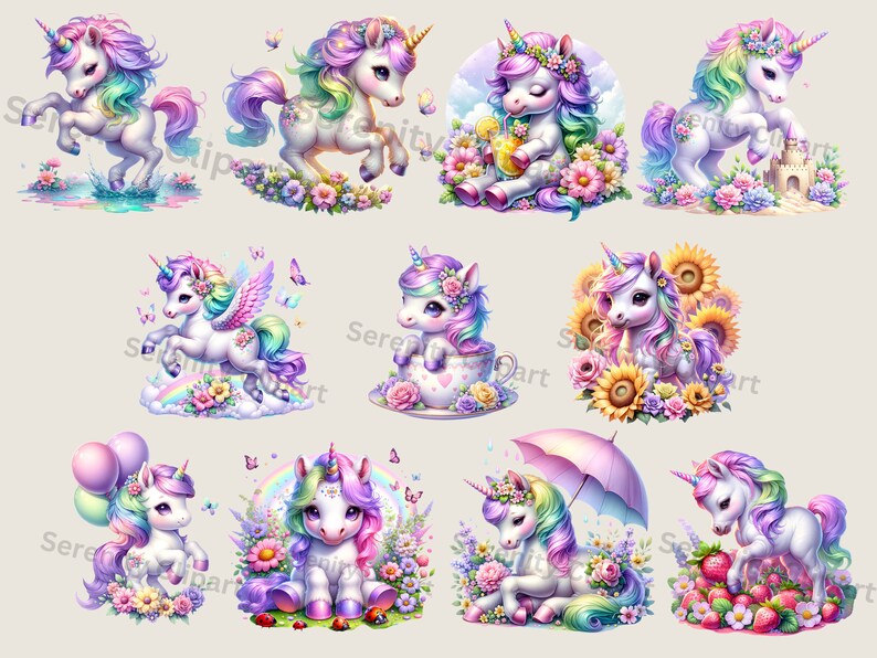 Watercolor Baby Unicorn Bundle Clipart, 15 PNG Pastel Unicorn, Cute ...