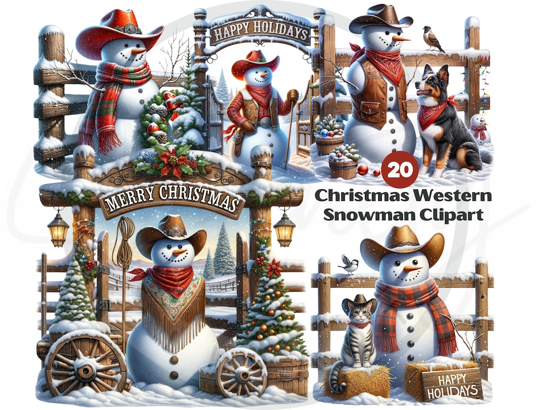 Christmas Western Snowman Clipart Bundle, Rustic Southwestern Cowboy ...