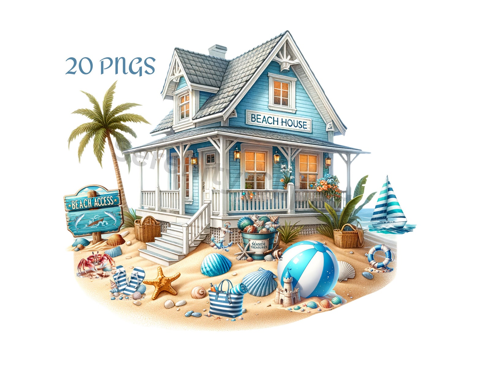 Watercolor Nautical Clipart Bundle, 20 PNG Beach Clipart, Ocean Clipart ...