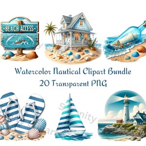 Watercolor Nautical Clipart Bundle, 20 PNG Beach Clipart, Ocean Clipart ...