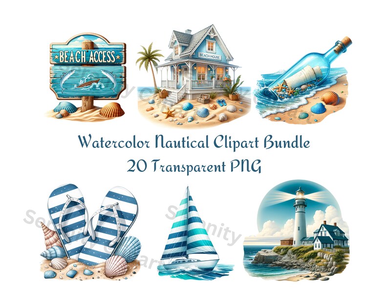 Watercolor Nautical Clipart Bundle, 20 PNG Beach Clipart, Ocean Clipart ...