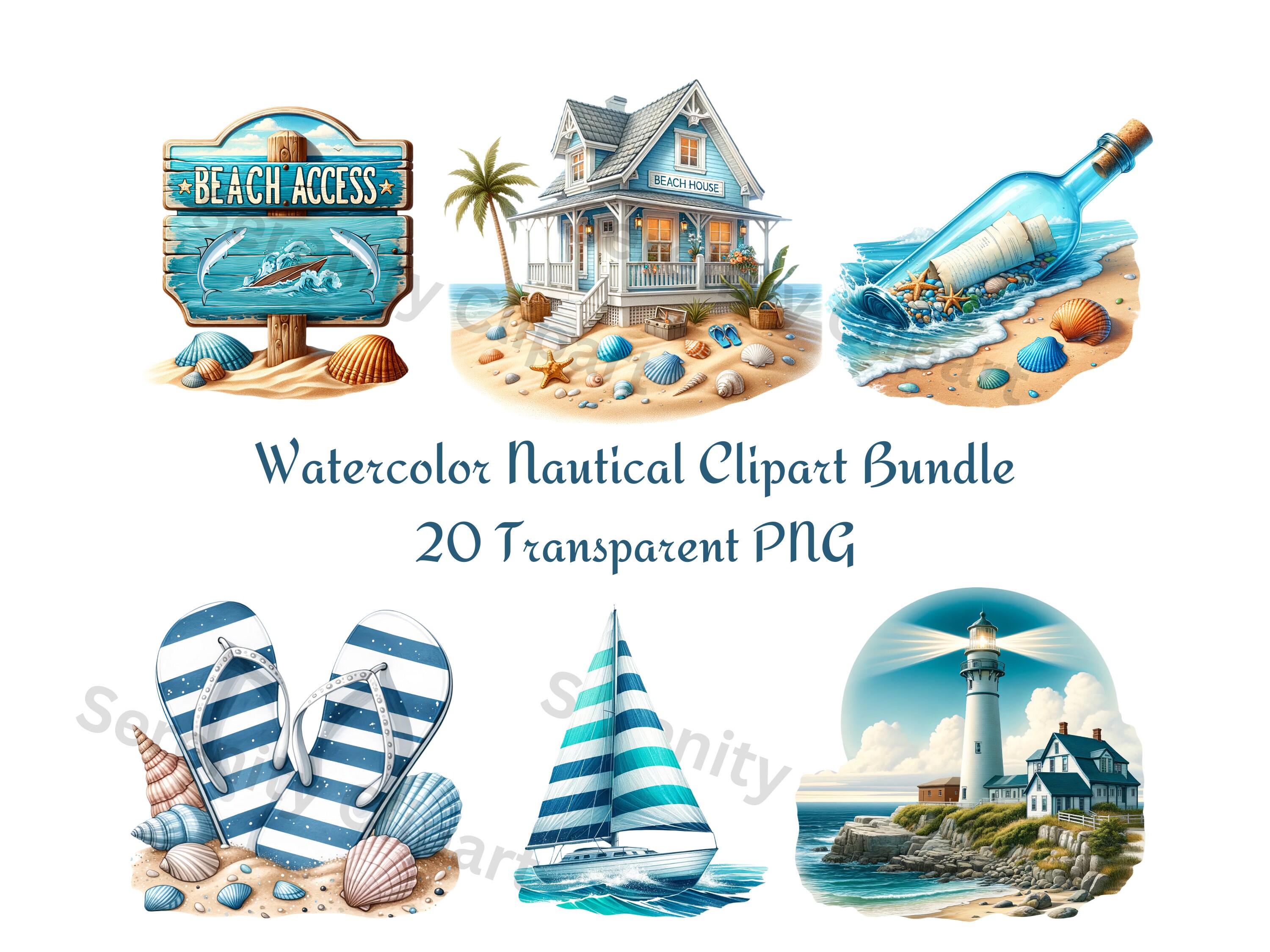 Watercolor Nautical Clipart Bundle, 20 PNG Beach Clipart, Ocean Clipart ...