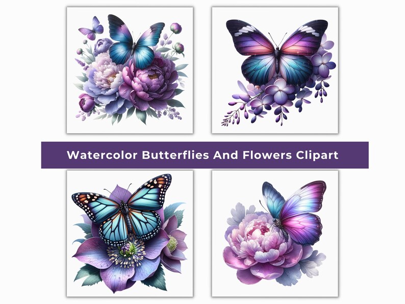 Watercolor Butterfly Clipart: Purple Spring Flower PNG (digital ...