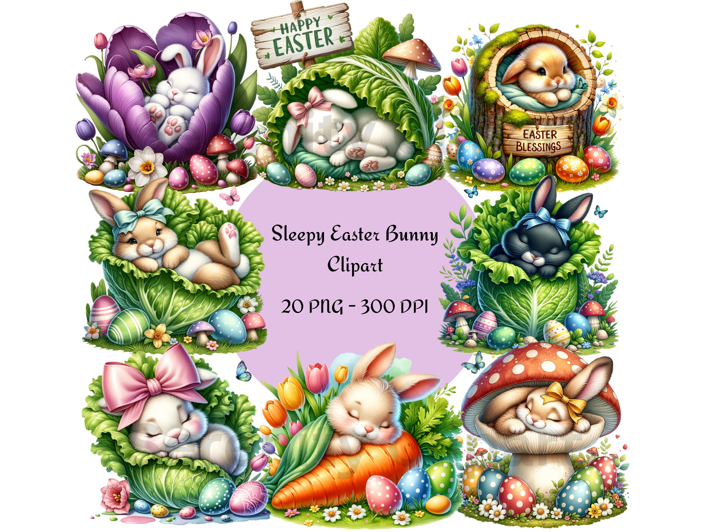 Sleepy Easter Bunny Clipart Bundle, Easter Bunny Prints, Watercolor ...