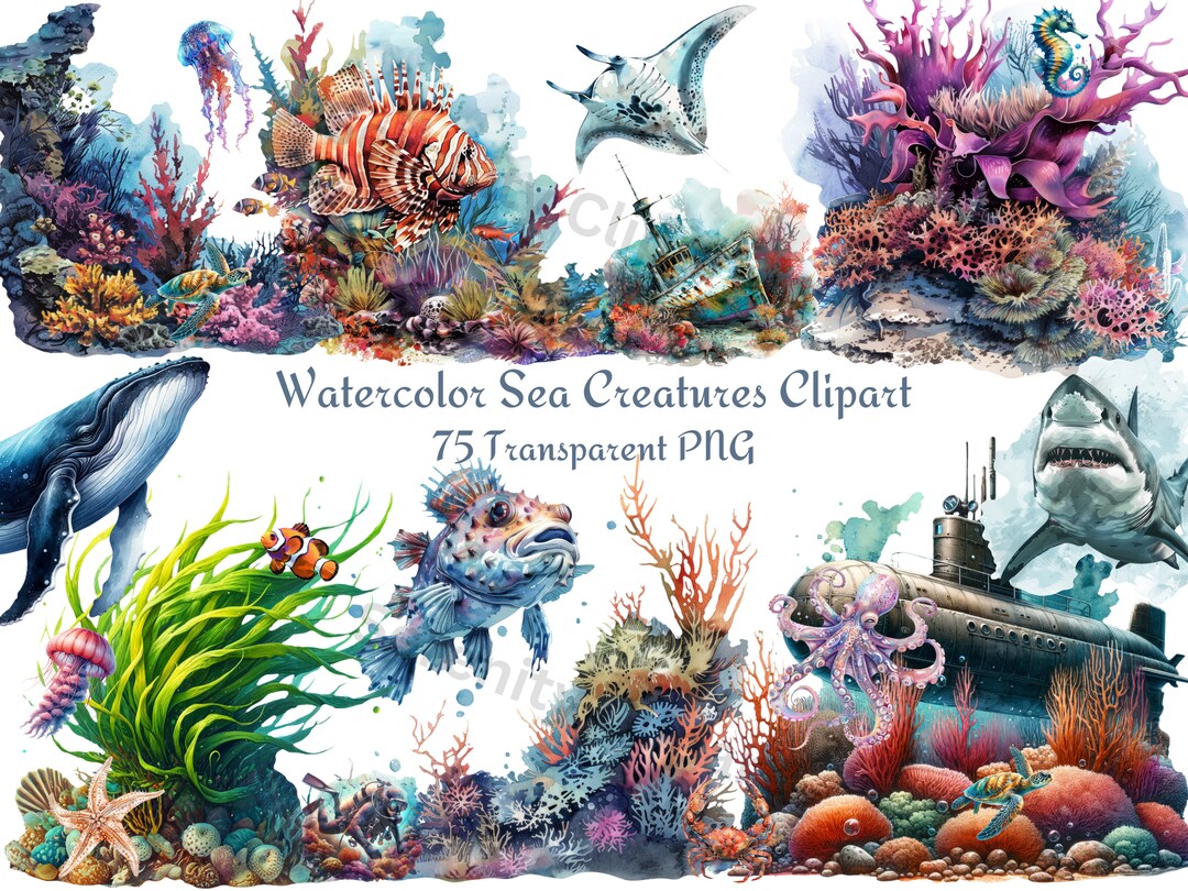 Watercolor Sea Creatures Clipart, Ocean Animals, Fish Clipart, Under ...