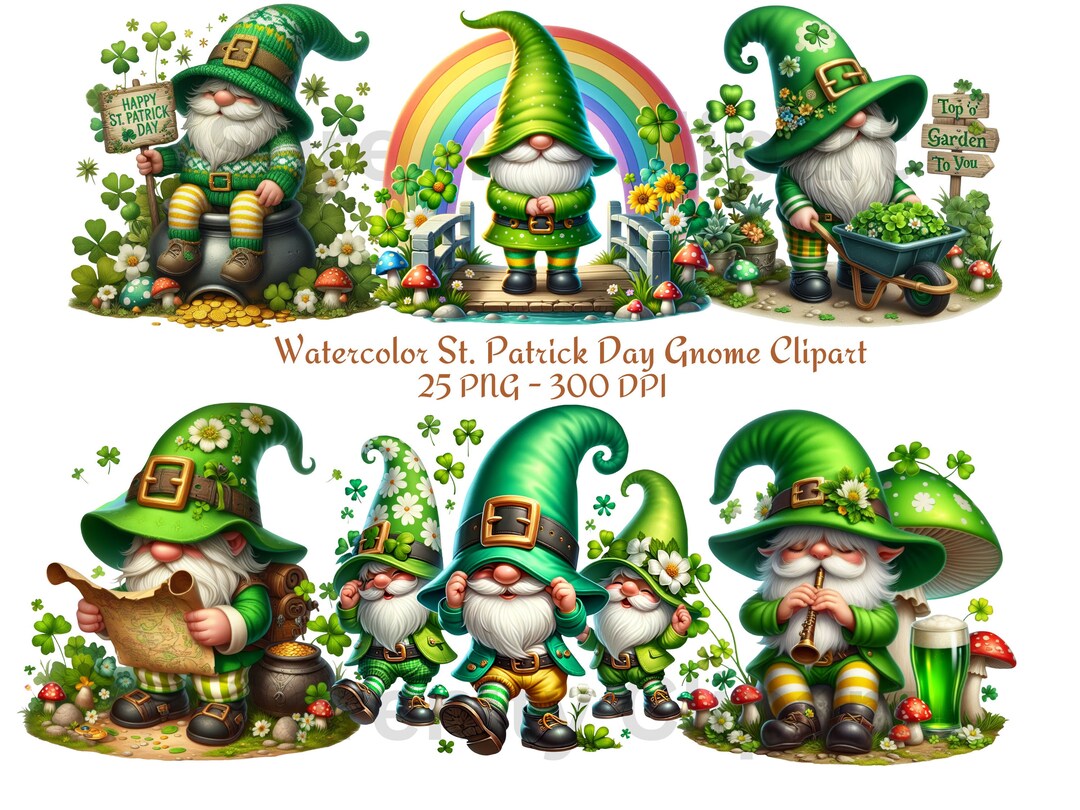 St Patrick Day Gnomes Clipart, Watercolor Saint Patricks Clipart, 25 ...