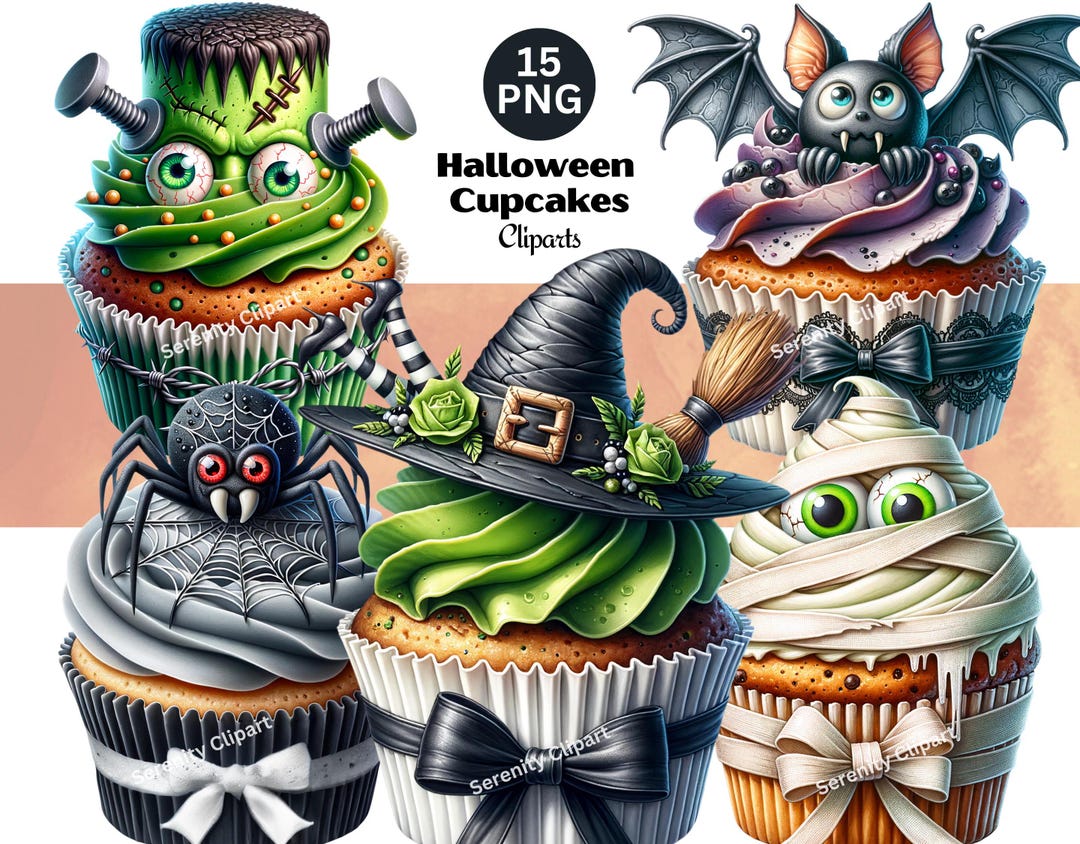 Watercolor Halloween Cupcake Clipart: Spooky Treats PNG (digital ...