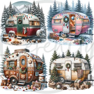 Christmas Caravan Mini Camper RV Clipart Bundle, Watercolor Christmas ...