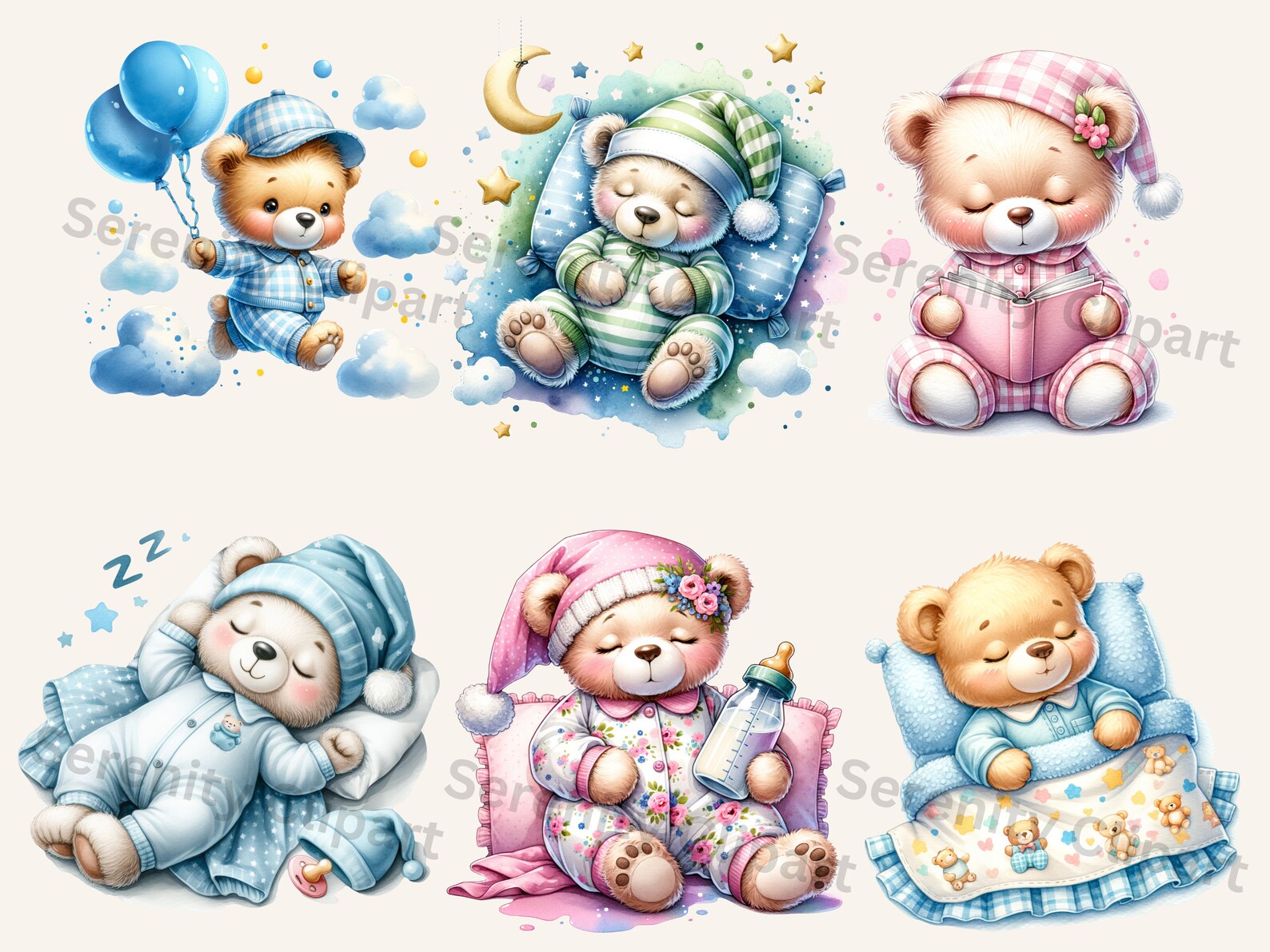 Watercolor Sleepy Teddy Bear Clipart, 30 PNG Teddy Bear, Cute Sleeping ...